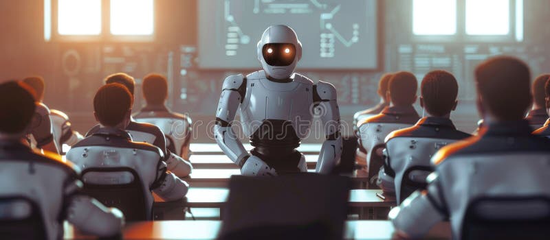 A Futuristic Classroom Features an AI Robot Instructor Interacting with ...