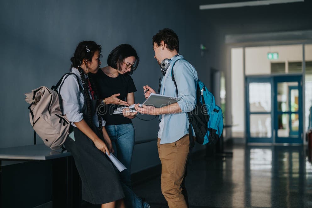 Students Gather in School Hallway Sharing Notes between Classes Stock ...