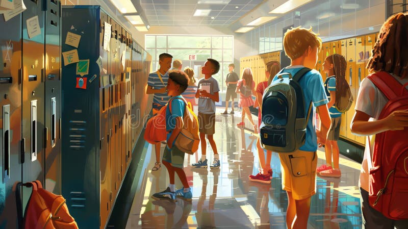 Students Gather in a School Hallway Talking and Getting Ready for the ...