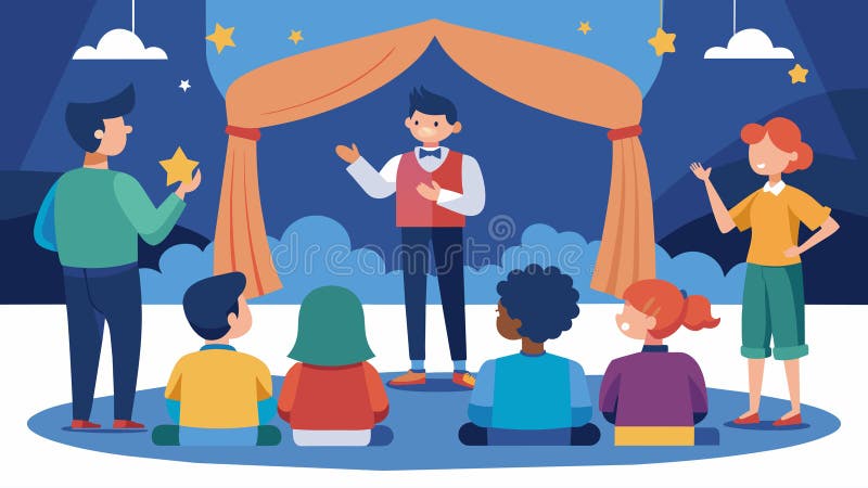 Students Gathered Around a Stage Watching a Group of Actors Perform and ...