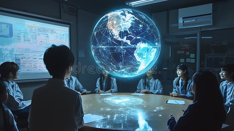 Students Gathered Around a Table with a Holographic Projection of the ...
