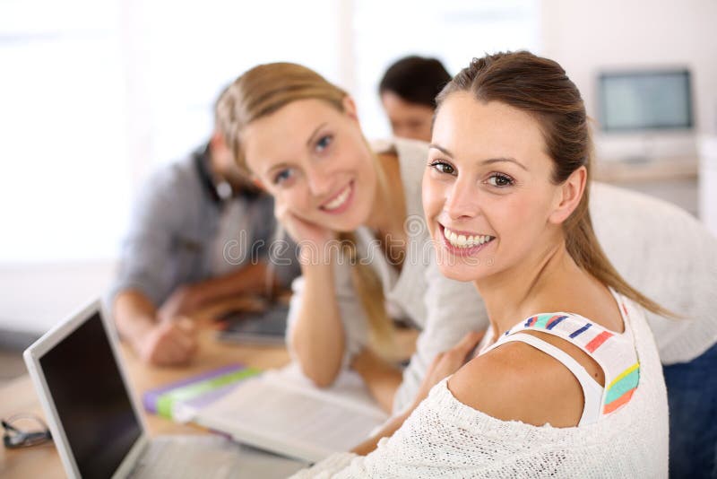 Students Girls Working in Laptop Stock Photo - Image of fashion ...