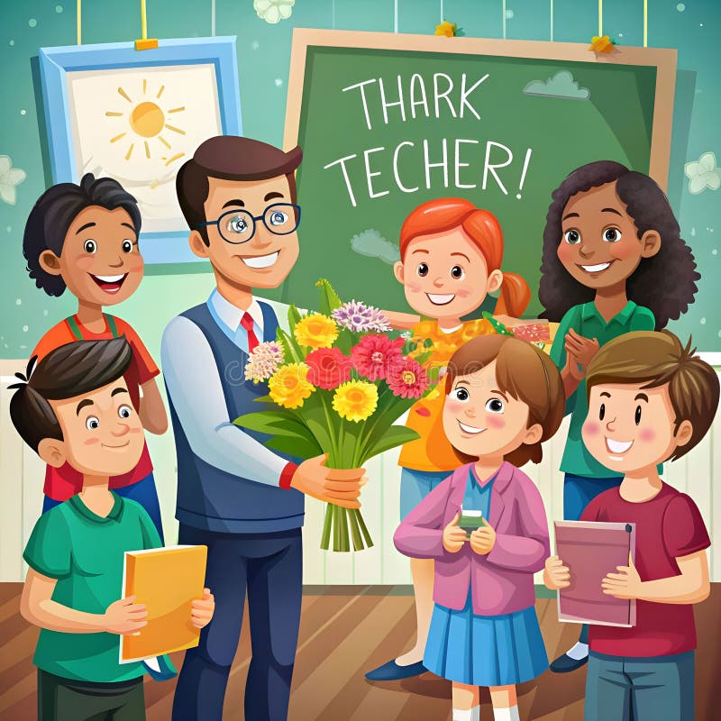 Students Give Flowers To Teacher Animation Pic Stock Illustration ...