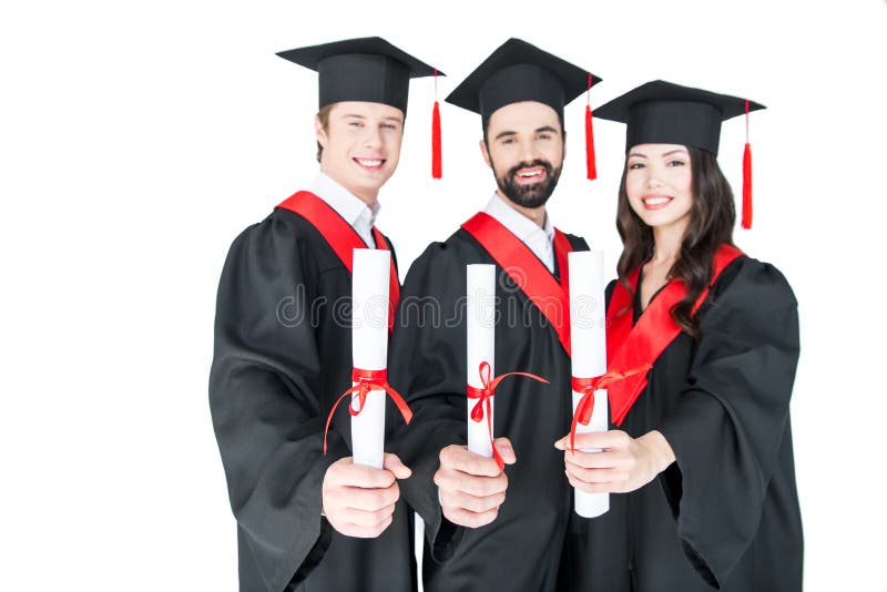 Students in Graduation Caps Holding Diplomas and Smiling at Camera ...