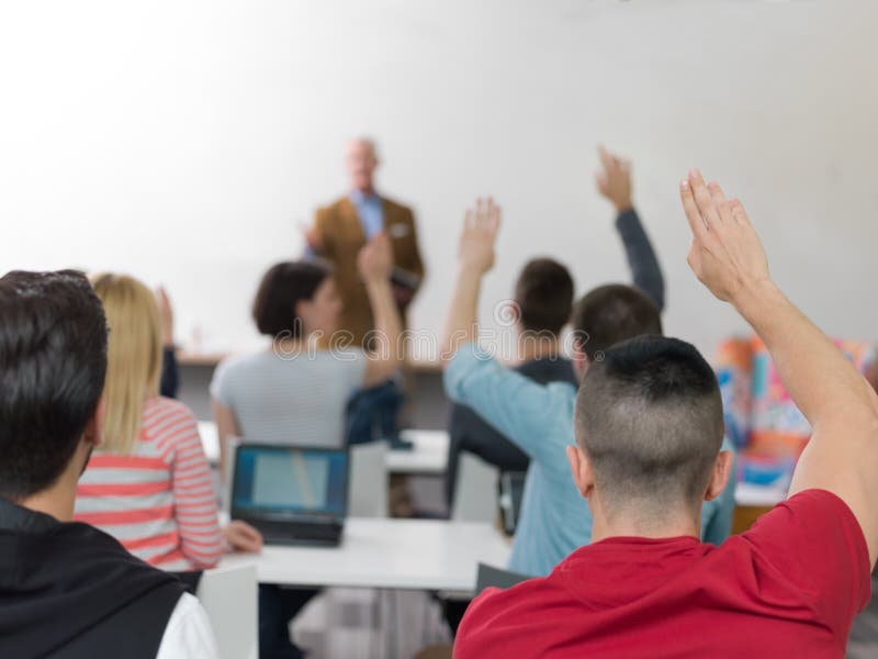 Students Group Raise Hands Up on Class Stock Image - Image of people ...