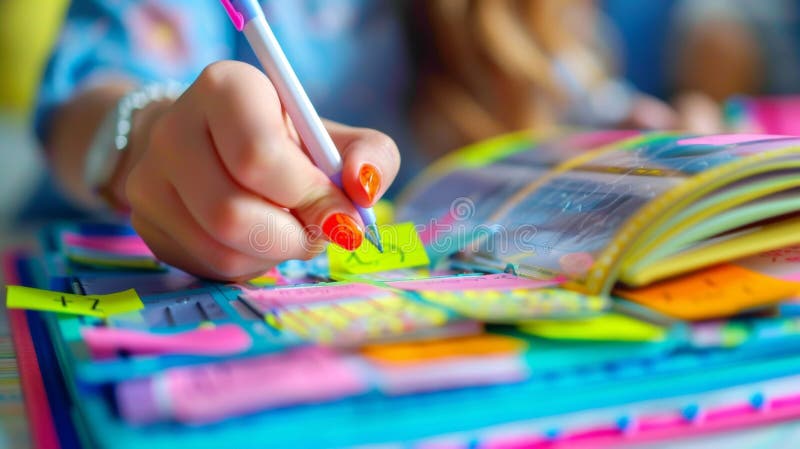 A Students Hand Flipping through a Planner Filled with Colorful Sticky ...