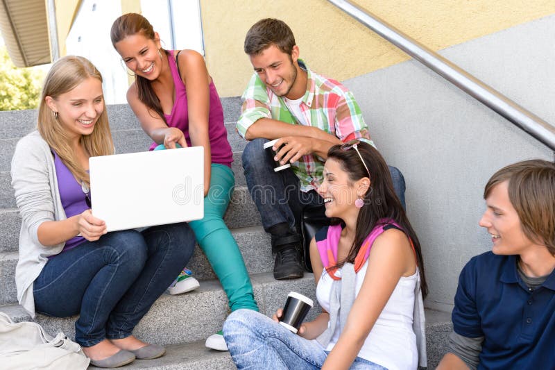Students Having Fun with Laptop School Stairs Stock Image - Image of ...