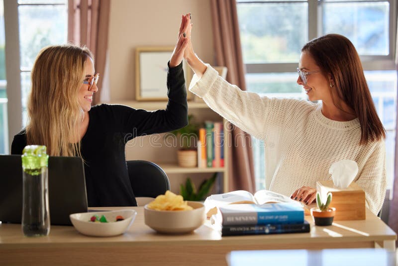 Students, High Five and Young Women Study Together with Friends ...