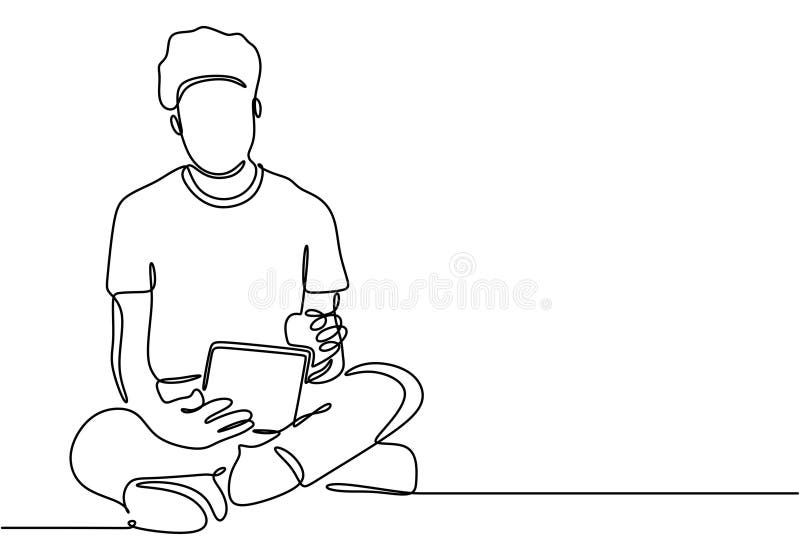 Students Holding Tablets or E-books in Continuous Line Drawing. Shift ...