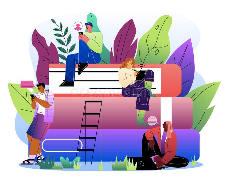 Students Interacting with Digital Devices. Vector Illustration Stock ...