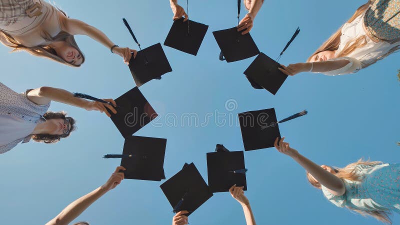 Students Join Their Graduation Caps in the Shape of a Circle. Stock ...
