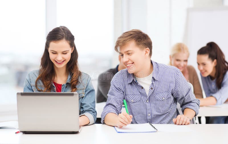 Students with Laptop and Notebooks at School Stock Photo - Image of ...