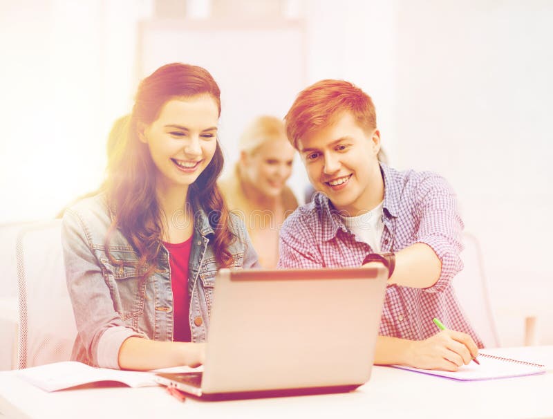 Smiling Students with Laptop Showing Thumbs Up Stock Photo - Image of ...