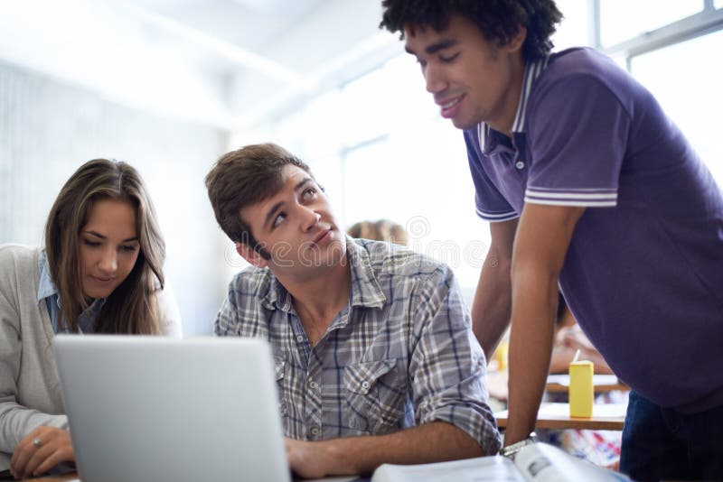 Students, Laptop and University with Group Work or Online Assignment As ...