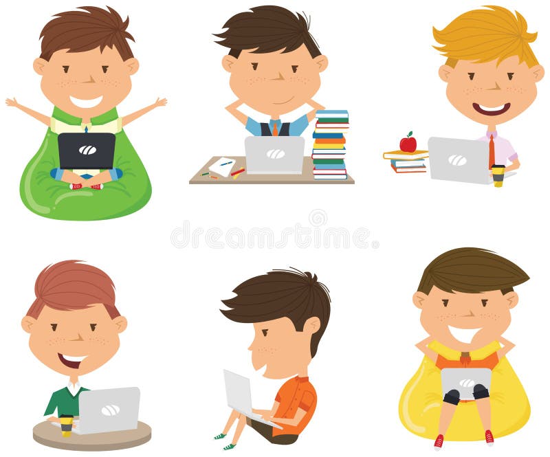 Students Learn and Do Homework by Computer Stock Vector - Illustration ...