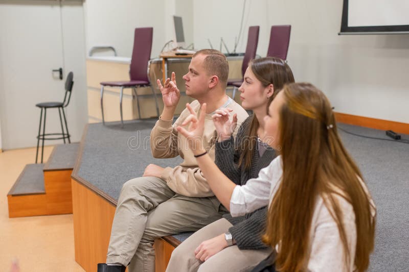 Students Learn Sign Language at University. Stock Image - Image of palm ...