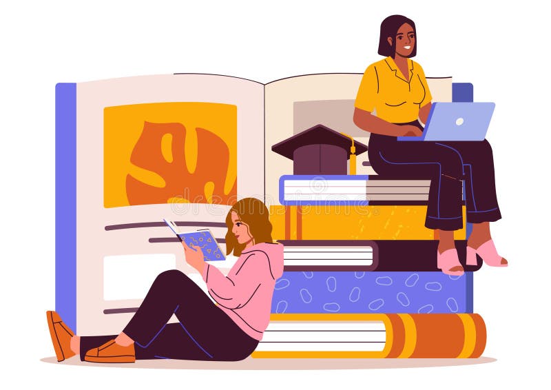 Students Learning with Books and Laptop. Vector Illustration Stock ...