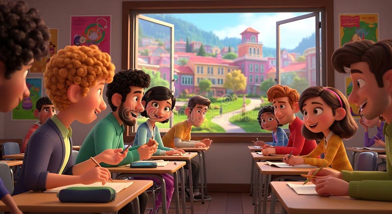 Students Learning in Classroom with Open Window View Stock Illustration ...