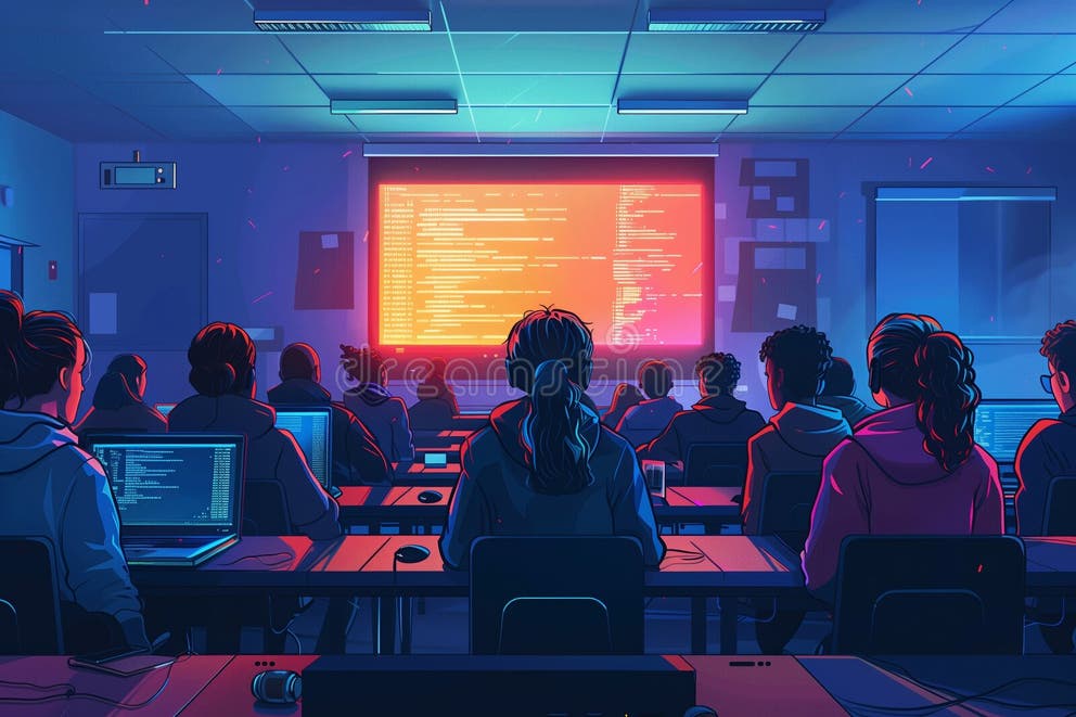 Students Learning Code in a Classroom at Night Stock Illustration ...