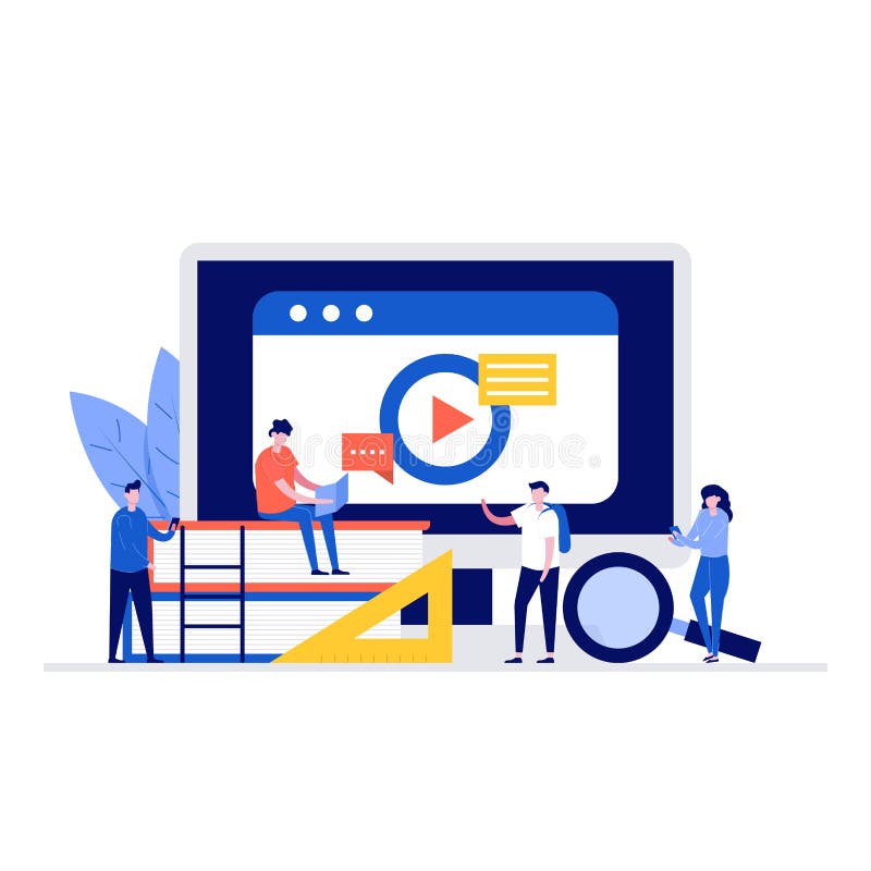 Students Learning Online at Home Concept with Characters. Modern Flat ...