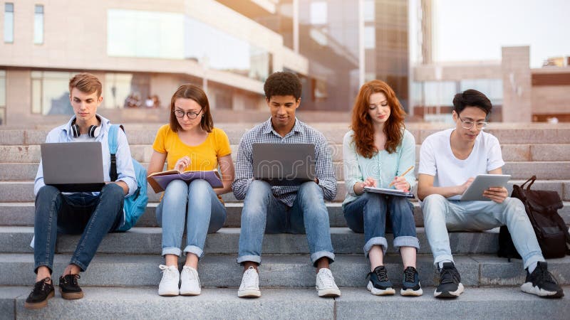 Students Learning Preparing End Semester Exams Sitting Steps Outside ...