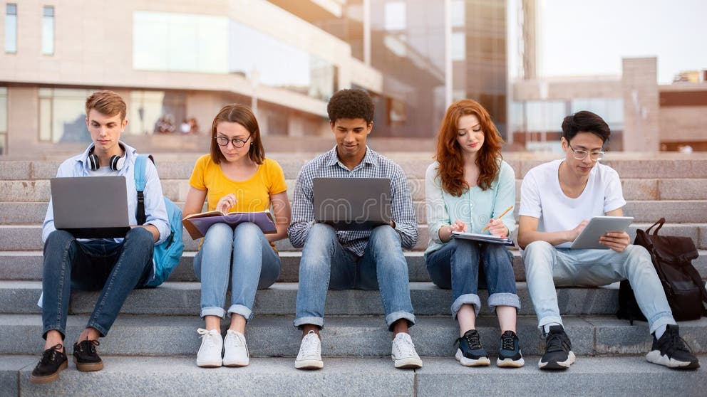 Students Learning Preparing for End-of-Semester Exams Sitting on Steps ...