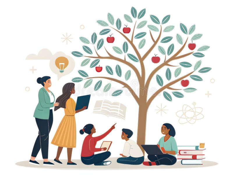 Students Learning with Tree and Books Illustration Stock Illustration ...