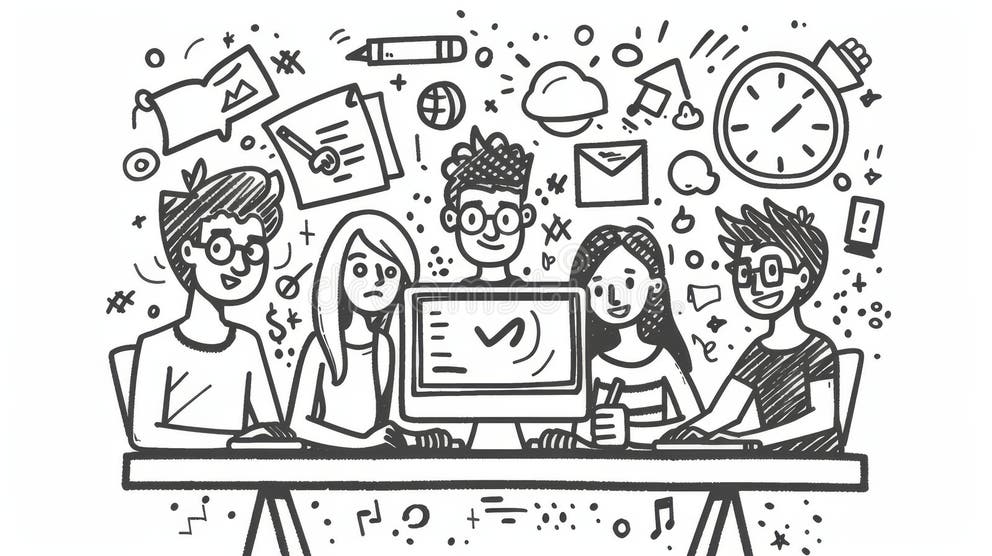 Students Listen To Tutor on Computer Desktop, Distant Learning, E ...