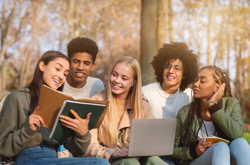 Students Making Group Project, Studying Together at Park Stock Image ...
