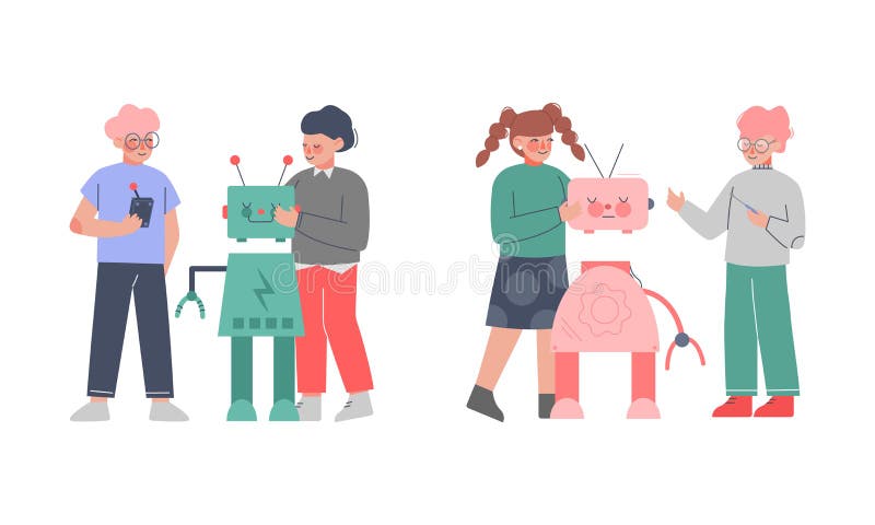 Students Making and Programming Robots Set. Robotics and Programming ...