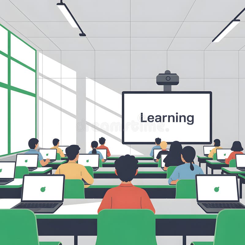 Students in a Modern Classroom Learning through Laptops with a ...