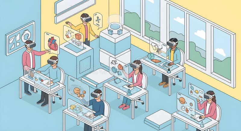 Students in a Modern Classroom Use Virtual Reality Headsets To Engage ...