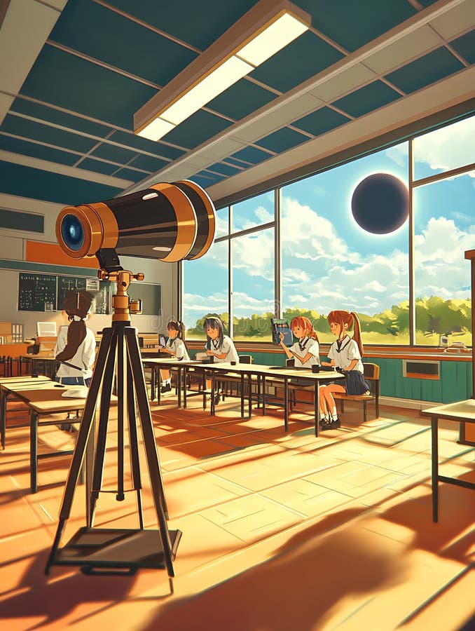 Students Observe Solar Eclipse through Telescope in Classroom Stock ...