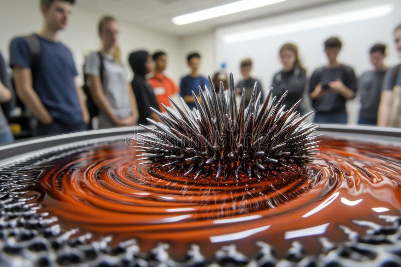 Students Observing an Experiment with Ferrofluid Creating Spiky ...