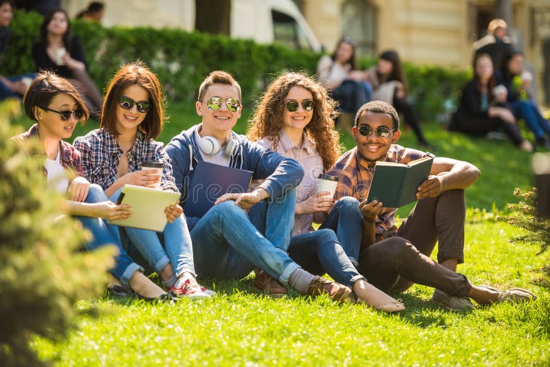 Students outdoors stock image. Image of happy, mixed - 53877959
