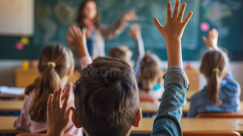 Students Participating Actively in Classroom. Children Raising Hands To ...