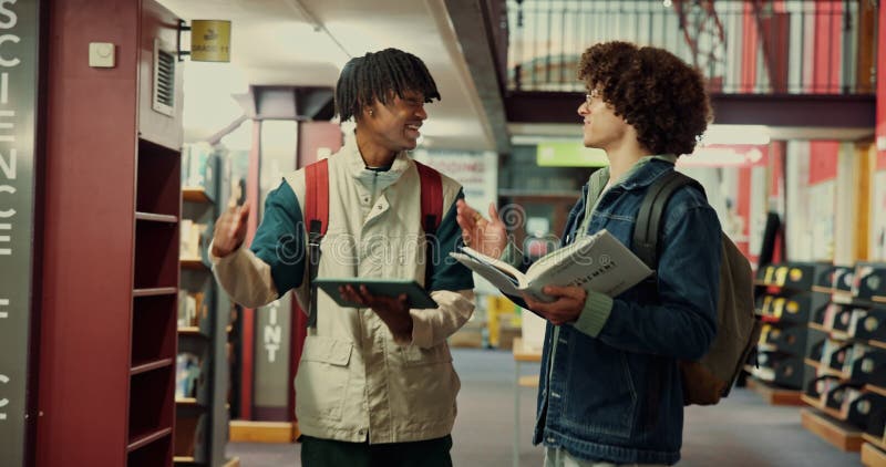 Students, Partner and Men with Handshake in University for Learning, Exam Success and Study Book ...