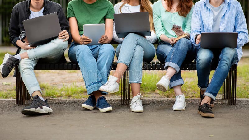 Students Pastime. Group of Young People Spending Time with Electronic ...