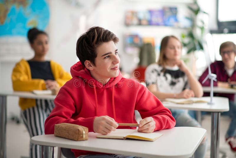 Students Paying Attention in Class, Sitting in Their School Desks ...