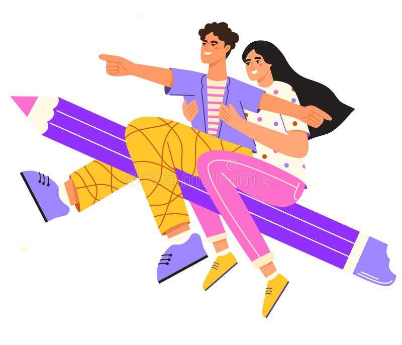 Students with a Pencil. Guy and a Girl are Sitting on a Pencil Stock ...