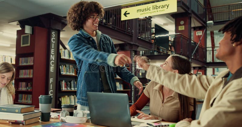 Students, People and Handshake in University Library for Greeting ...
