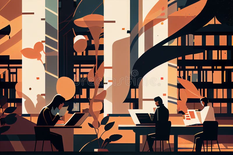 Students and People Visit and Study in Big Library Illustration Photo ...
