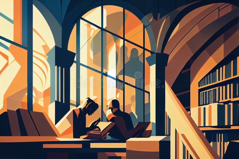 Students and People Visit and Study in Big Library Illustration Photo ...