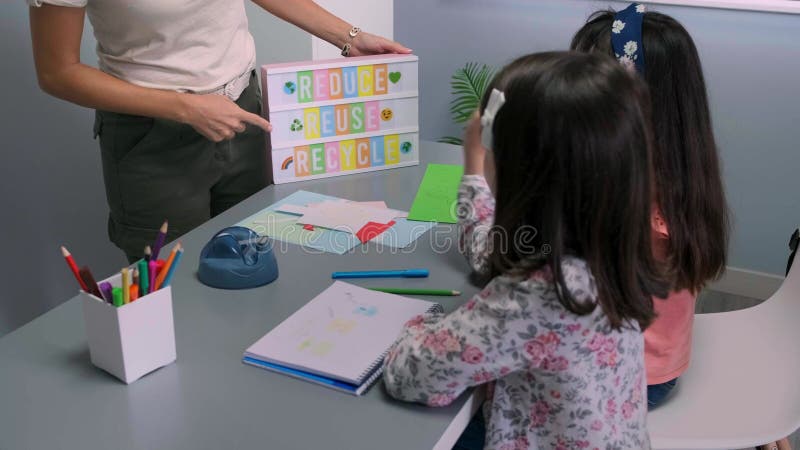 Students Pointing To Led Lightbox with Text Reduce, Reuse and Recycle ...