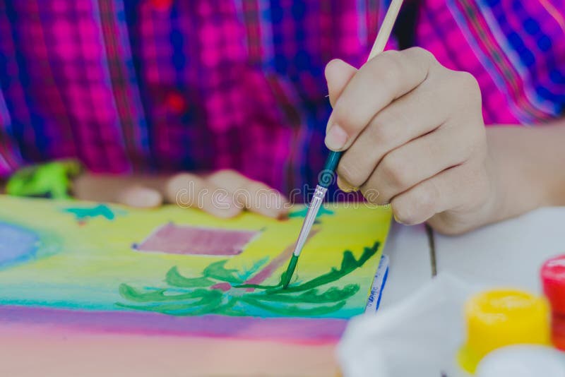 Students Practice Painting the Scenery by Using Poster Colors. Stock ...
