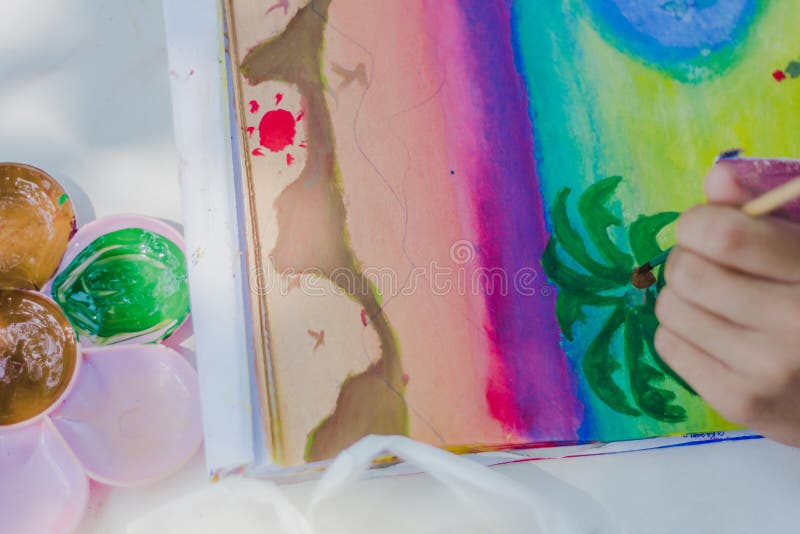 Students Practice Painting the Scenery by Using Poster Colors. Stock ...