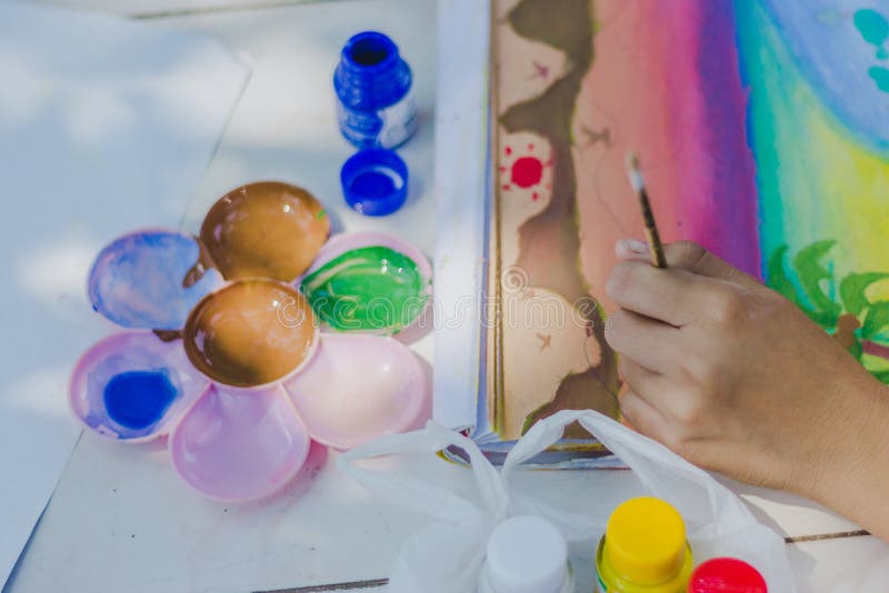 Students Practice Painting the Scenery by Using Poster Colors. Stock ...