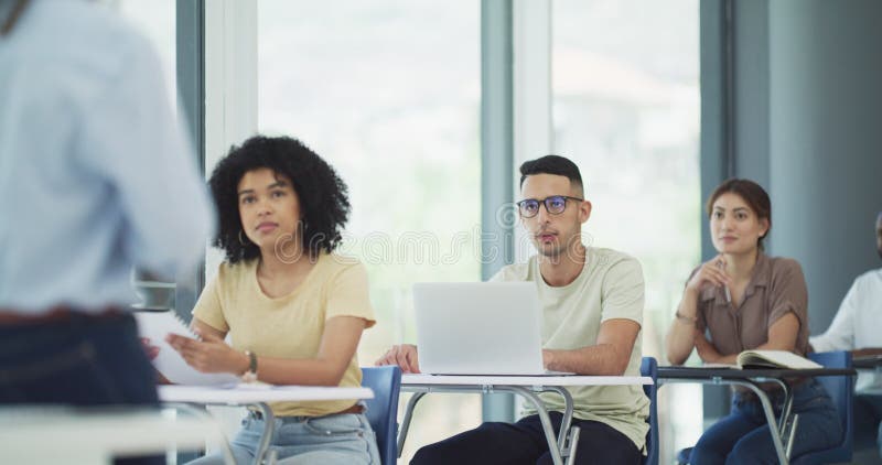 Students, Presentation and Lecturer by Table in Classroom, Education ...
