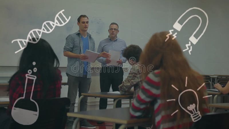 Students Presenting in Classroom with Science-themed Animation Over ...