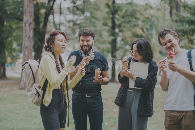 Students Professor Enjoying Ice Cream Break Park Setting Stock Photos ...
